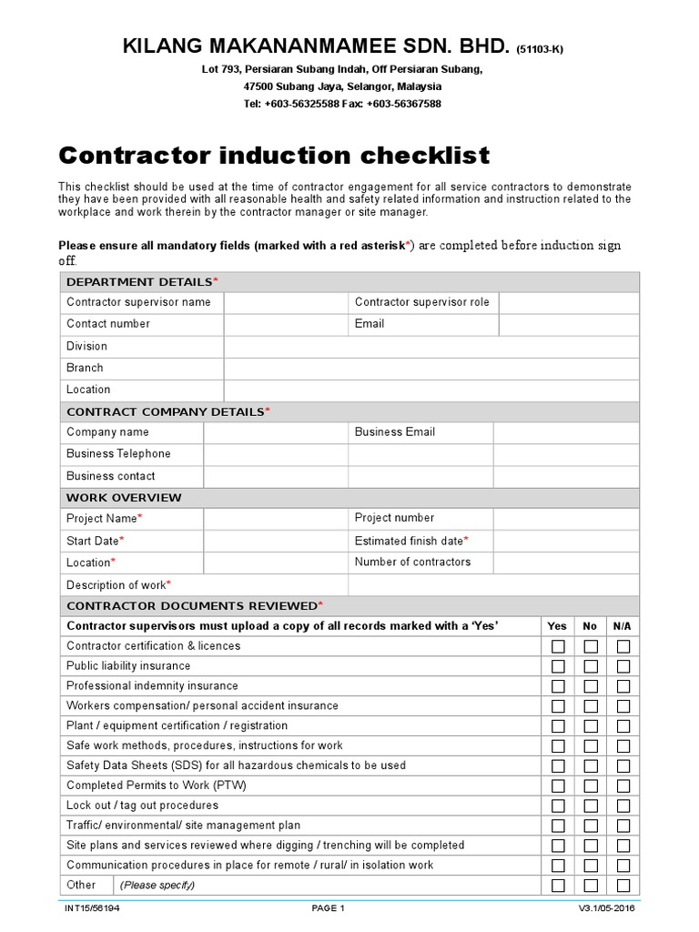 Form Contractor Induction Checklist | PDF | Prevention | Occupational ...