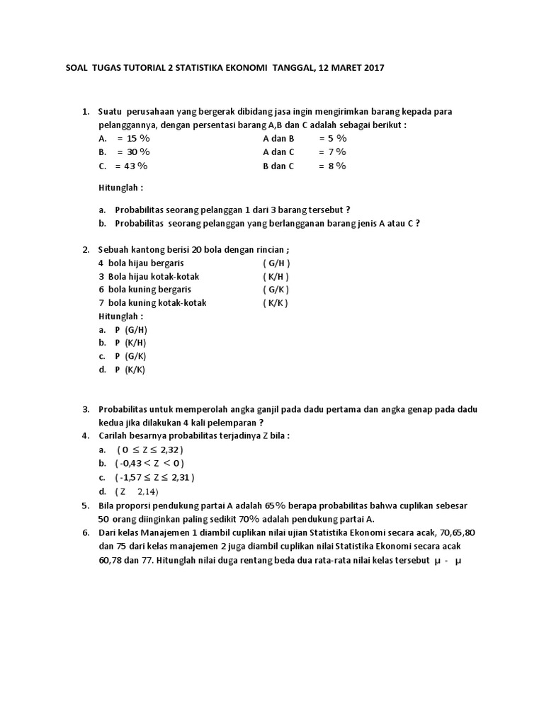 Soal Tugas Tutorial 2 Statistika Ekonomi Tanggal | PDF