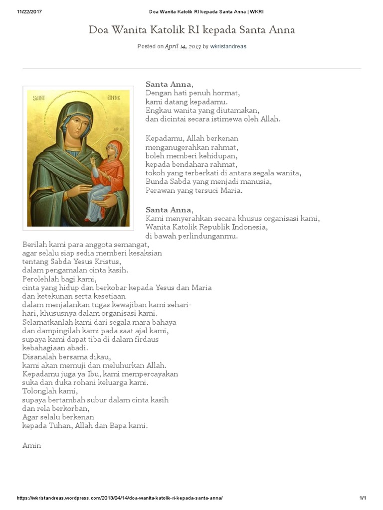 Doa Wanita Katolik RI Kepada Santa Anna - WKRI | PDF