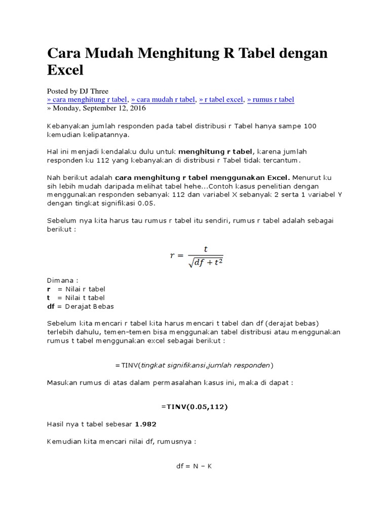 Cara Mudah Menghitung R Tabel Dengan Excel | PDF