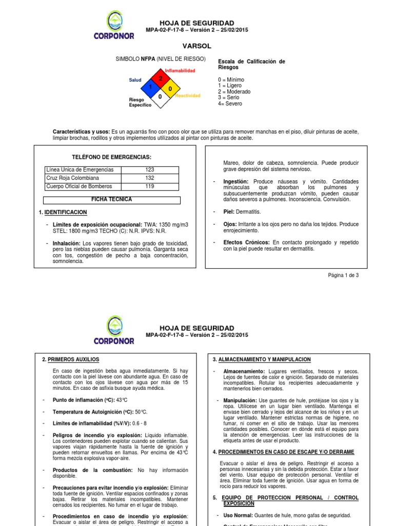 HOJA TÉCNICA DE SEGURIDAD VARSOL.pdf | Toxicidad | Material explosivo
