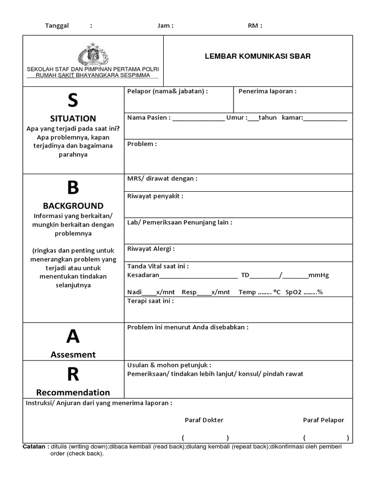 Lembar KOmunikasi SBAR | PDF