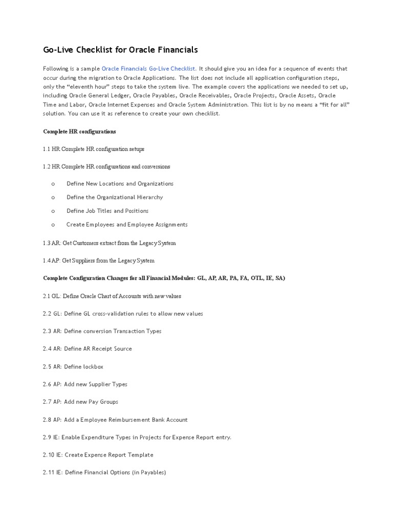 Go-Live Checklist For Oracle Financials | PDF | Expense | Invoice