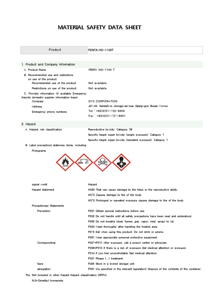 Penta Hd-1100t (GHS) Msds (Eng) | PDF | Toxicity | Chemistry