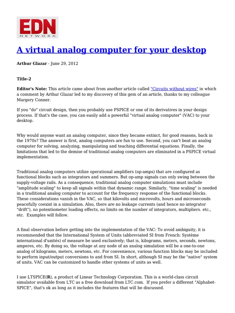 Desktop Virtual Analog Computer Guide | PDF | Operational Amplifier ...