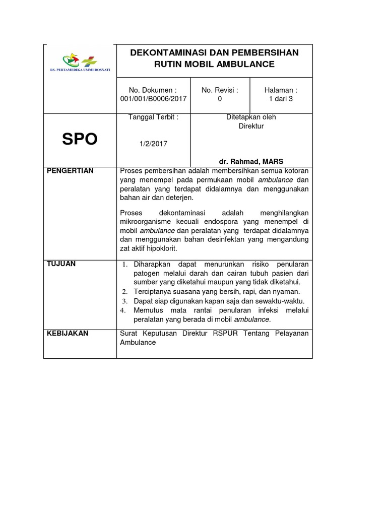 Spo Dekontaminasi Dan Pembersihan Rutin Mobil Ambulance | PDF