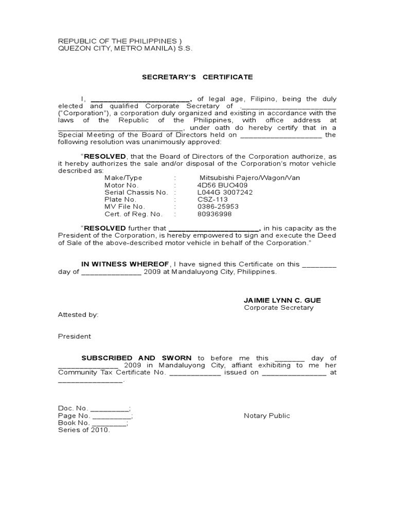 Sec Cert Deed of Sale | PDF | President Of The Philippines | World Politics
