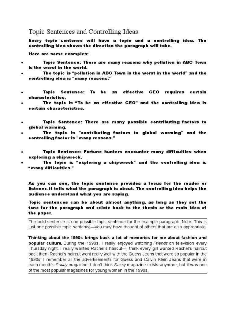 Topic Sentences and Controlling Ideas Writing | Essays | Paragraph