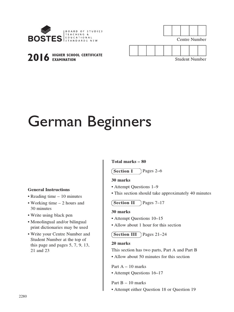 BOSTES 2016 HSC German Beginners | PDF | German Language | Linguistics
