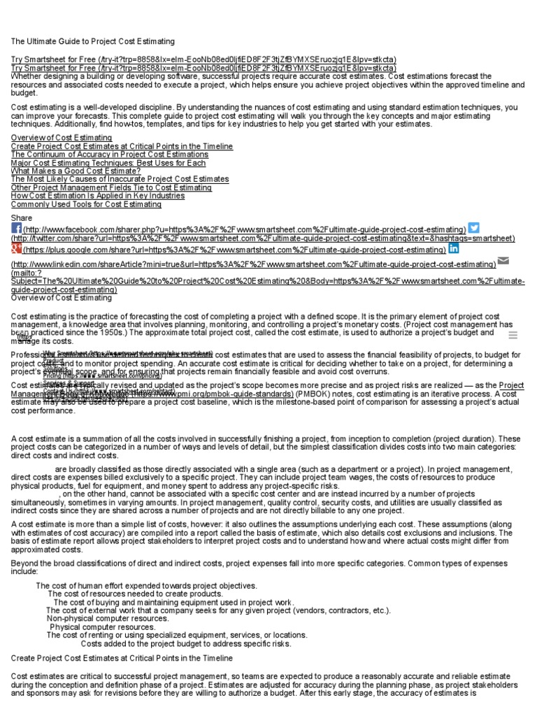 Ultimate Guide To Project Cost Estimating - Smartsheet | PDF | Monte Carlo Method | Project ...