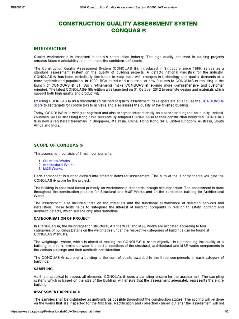 BCA Construction Quality Assessment System CONQUAS Overview | PDF ...