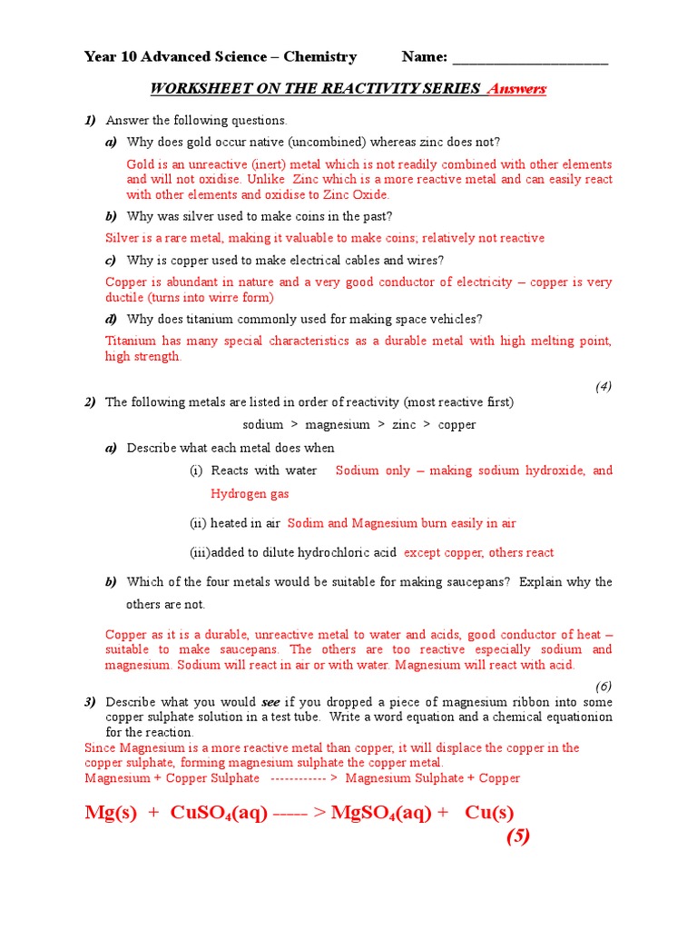 Year 10 Chemistry Reactivity Series Worksheet | PDF | Magnesium | Metals