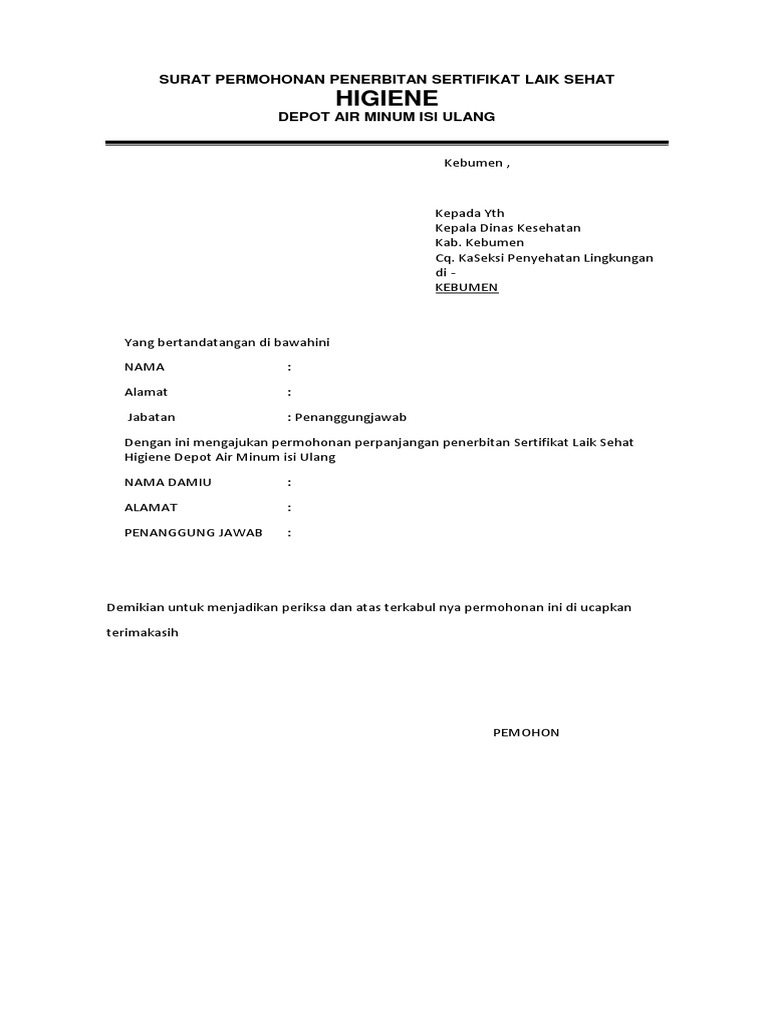 Permohonan Sertifikat Laik Sehat Higiene | PDF