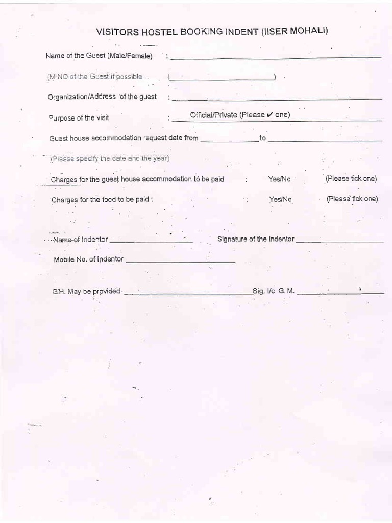 IISER Mohali Guest House Indent Form | PDF