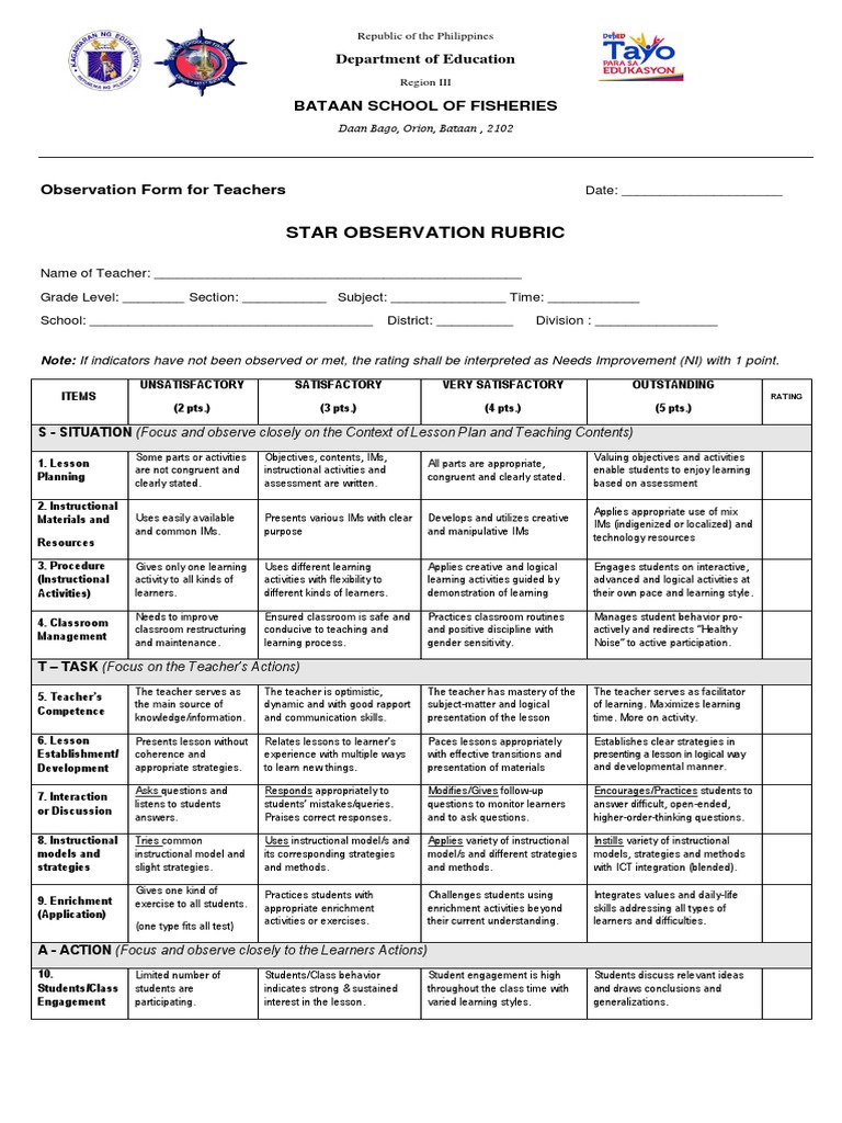 Star Observation Rubric: Department of Education | PDF | Educational ...