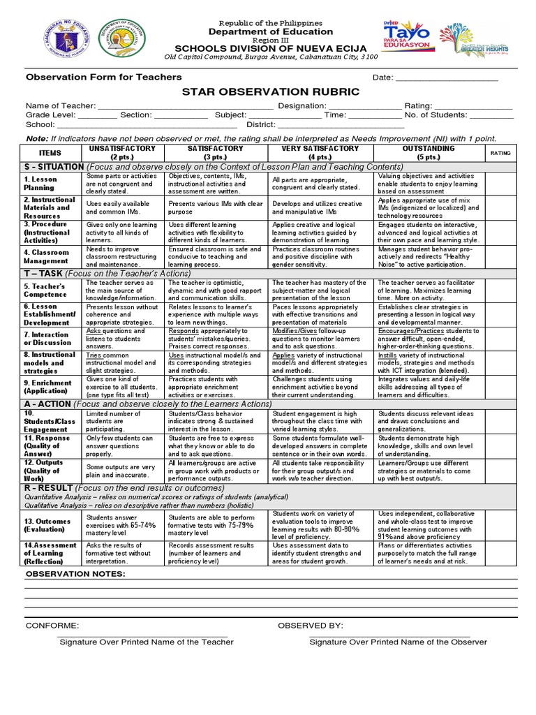 Rubric STAR Observation | PDF | Educational Assessment | Strategic ...