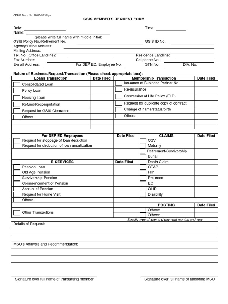 GSIS Member's Request Form | PDF | Financial Services | Loans