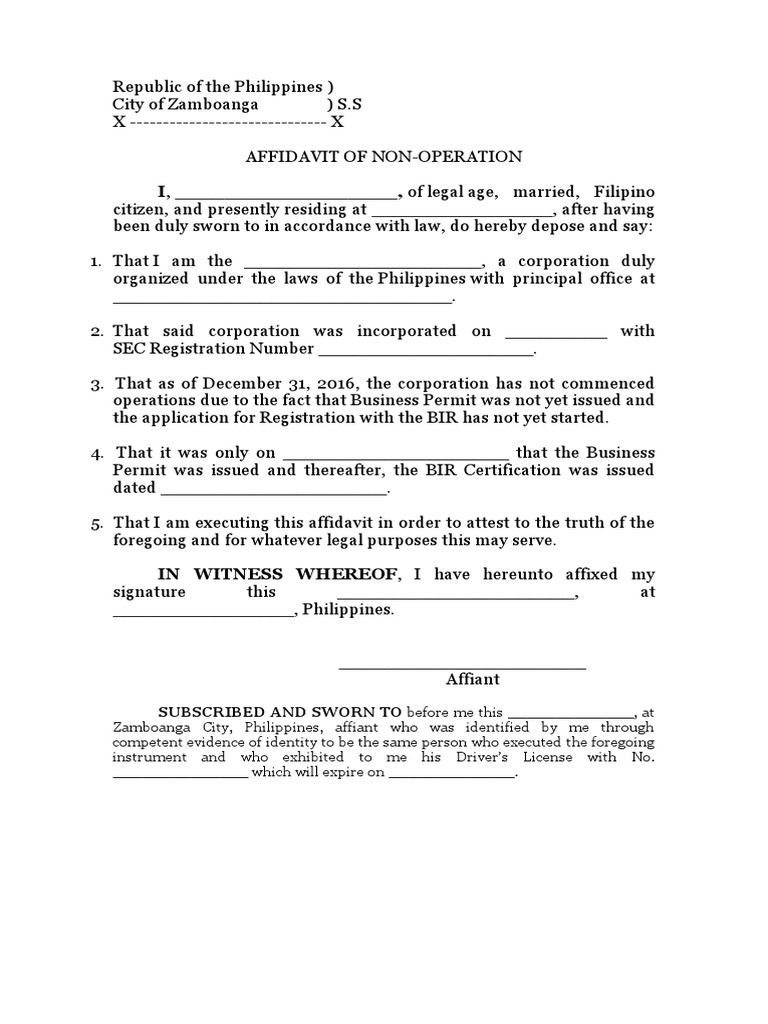 Affidavit of Non Operation | PDF | Affidavit | Document