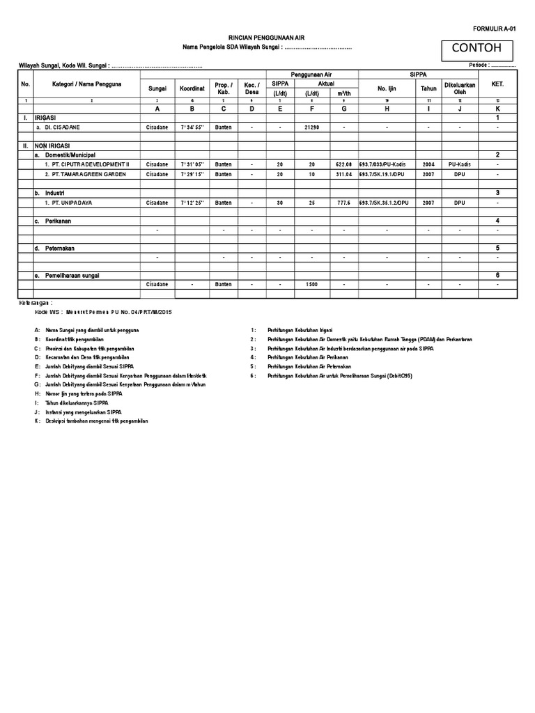Panduan Pengisian Formulir Neraca Air Dan Alokasi Air - Contoh | PDF