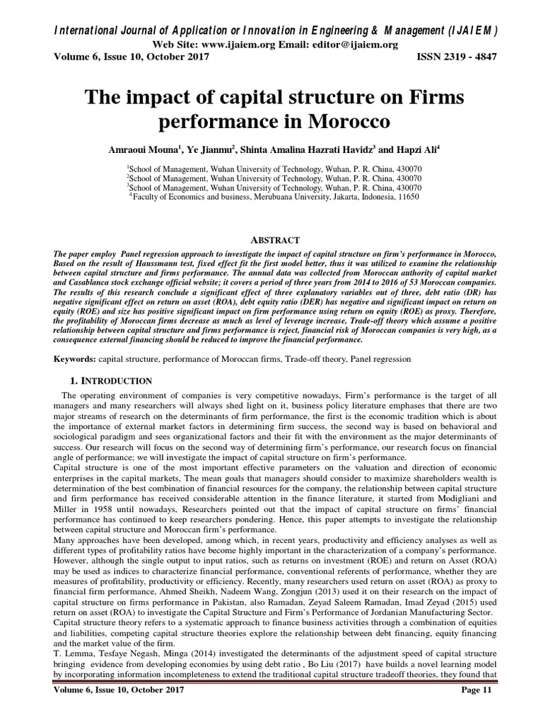 The Impact of Capital Structure On Firms Performance in Morocco | PDF ...