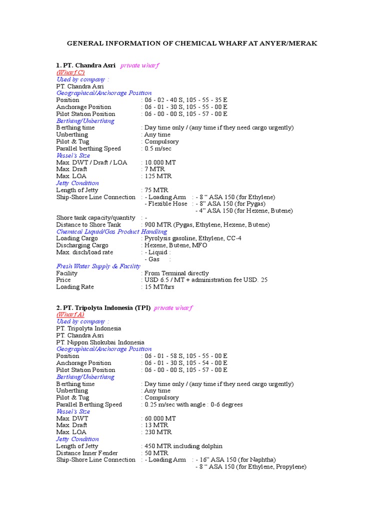 Port Info For Chemical Terminal at Anyer-Merak | PDF | Wharf | Products ...