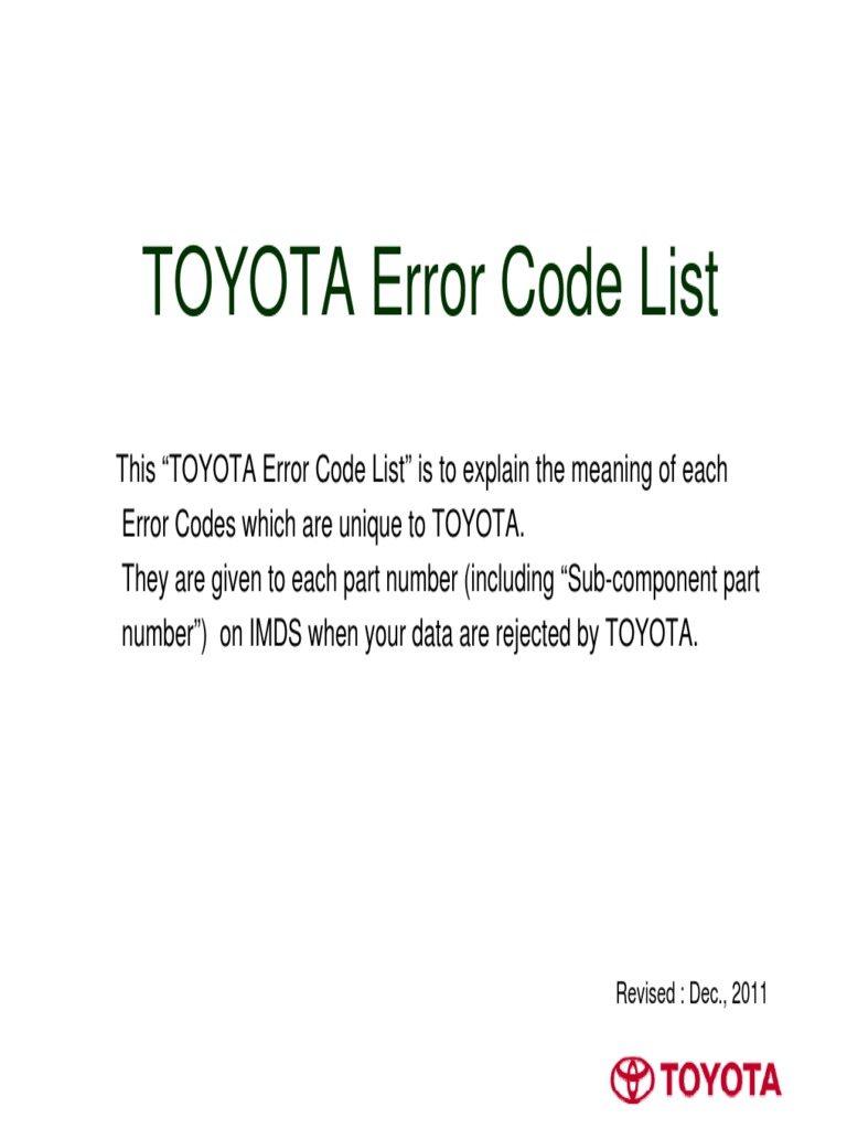 Toyota Error Code List | PDF | Computing | Computing And Information ...