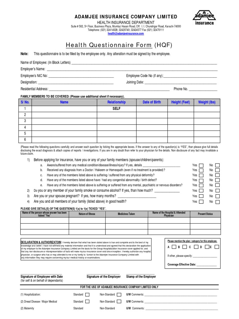 Health Questionnaire Form (HQF) | PDF | Physician | Psychiatry