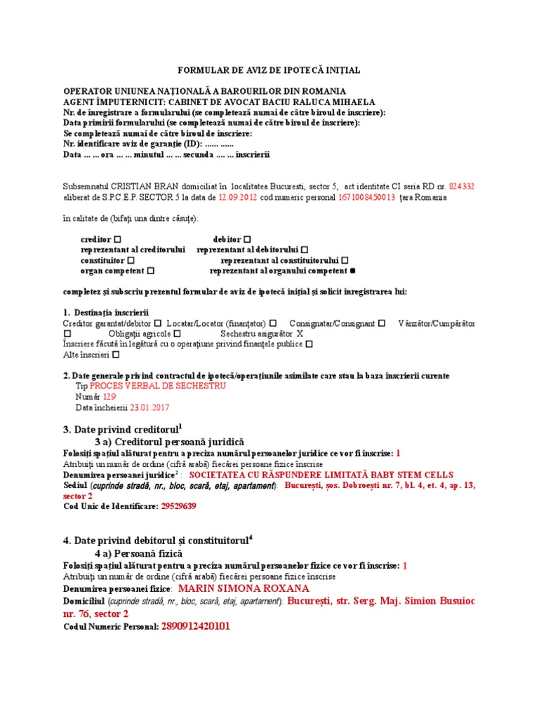 Model Formular de Aviz de Ipoteca | PDF