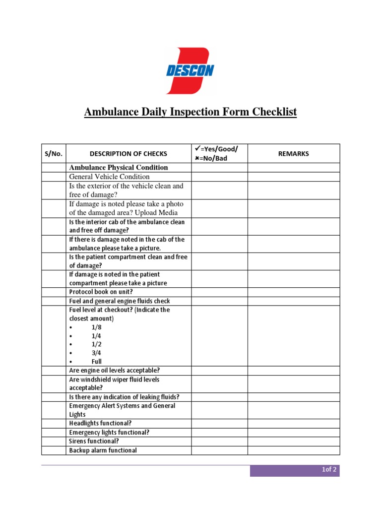 Daily Ambulance Checklist | PDF | Ambulance | Vehicles