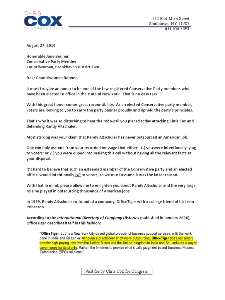 Cox Letter To White | PDF | Outsourcing
