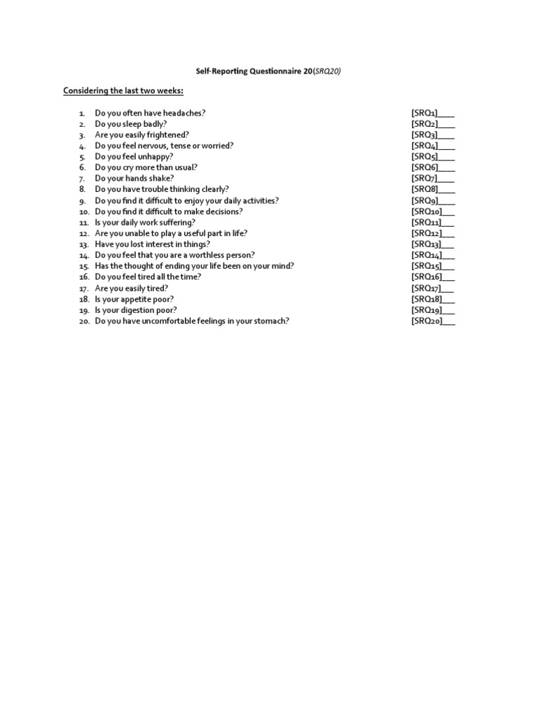 SRQ 20 | PDF | Psychology | Behavioural Sciences