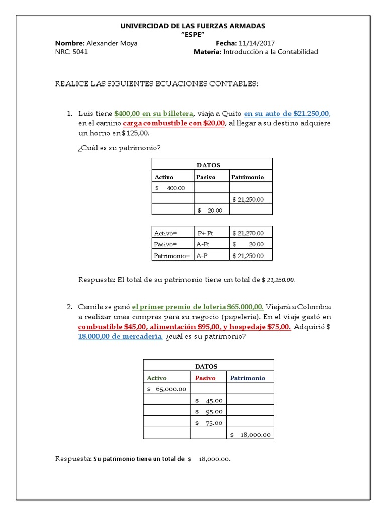 Ejercicios de Ecuacion Contable | Contabilidad | Corporaciones