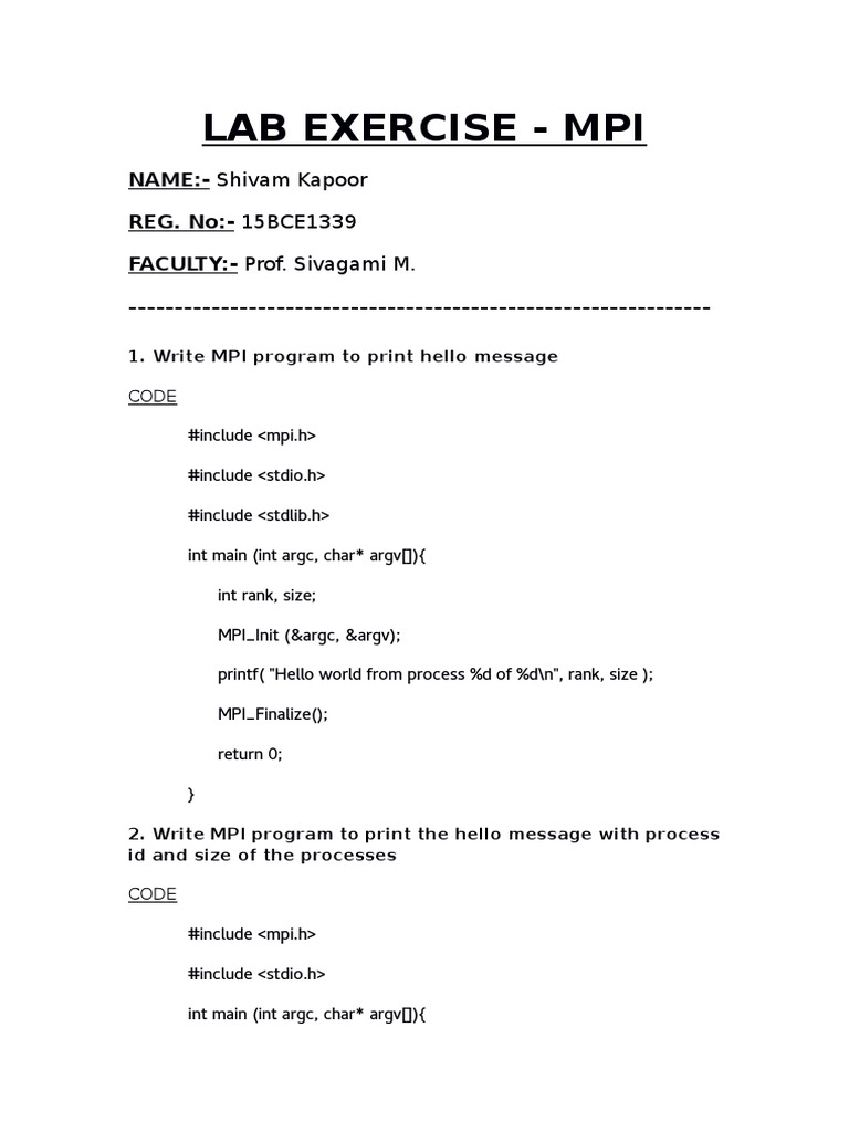 Lab Exercise - Mpi: NAME:-Shivam Kapoor REG. No: - 15BCE1339 FACULTY: - Prof. Sivagami M | PDF ...
