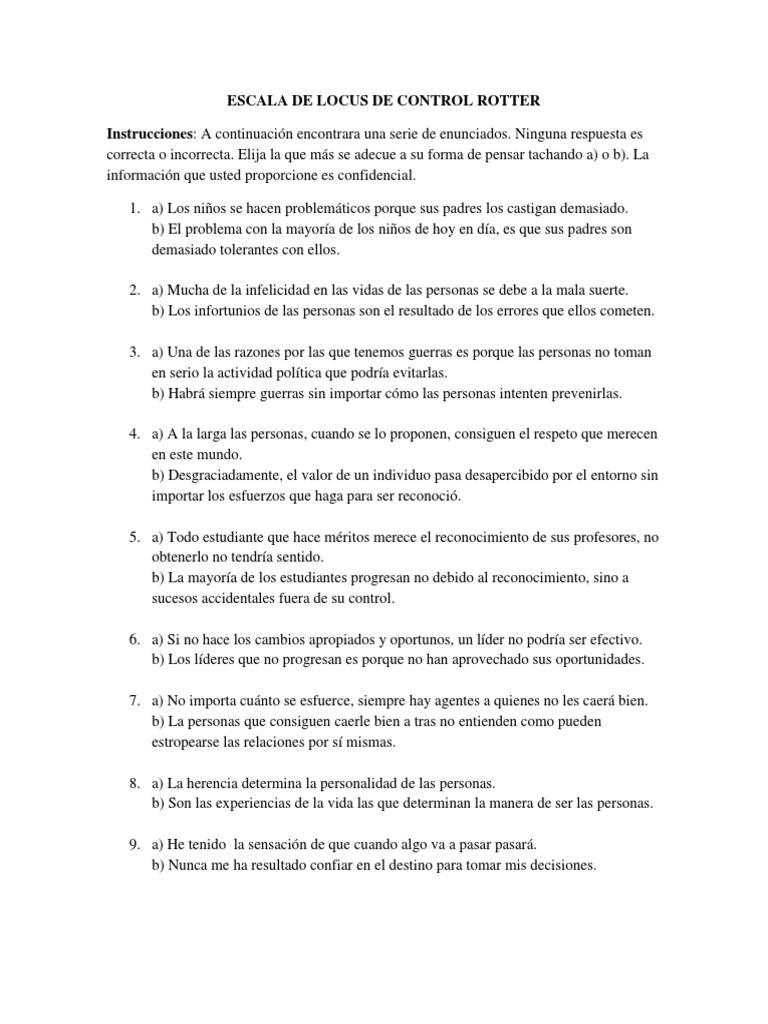 Escala de Locus de Control Rotter | Descargar gratis PDF | Toma de decisiones | Ignorancia