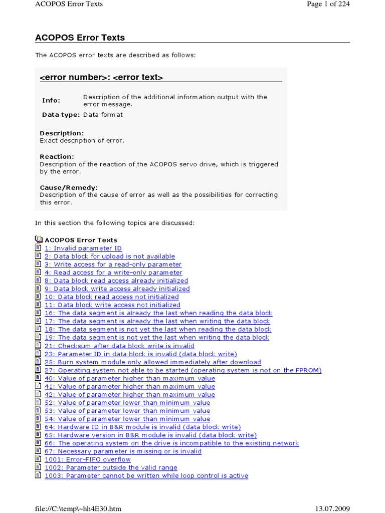 ACOPOS Error Texts | PDF | Power Supply | Parameter (Computer Programming)