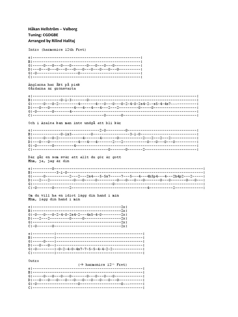 Håkan Hellström - Valborg Fingerstyle Tabs | PDF