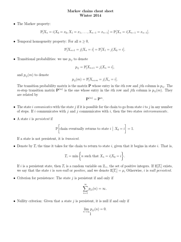 Markov Chains Cheat Sheet PDF | PDF | Markov Chain | Abstract Algebra