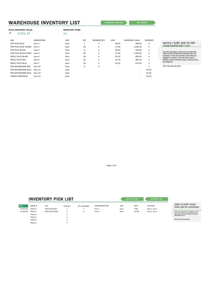 Warehouse Inventory List: Total Inventory Value: Inventory Items | PDF ...