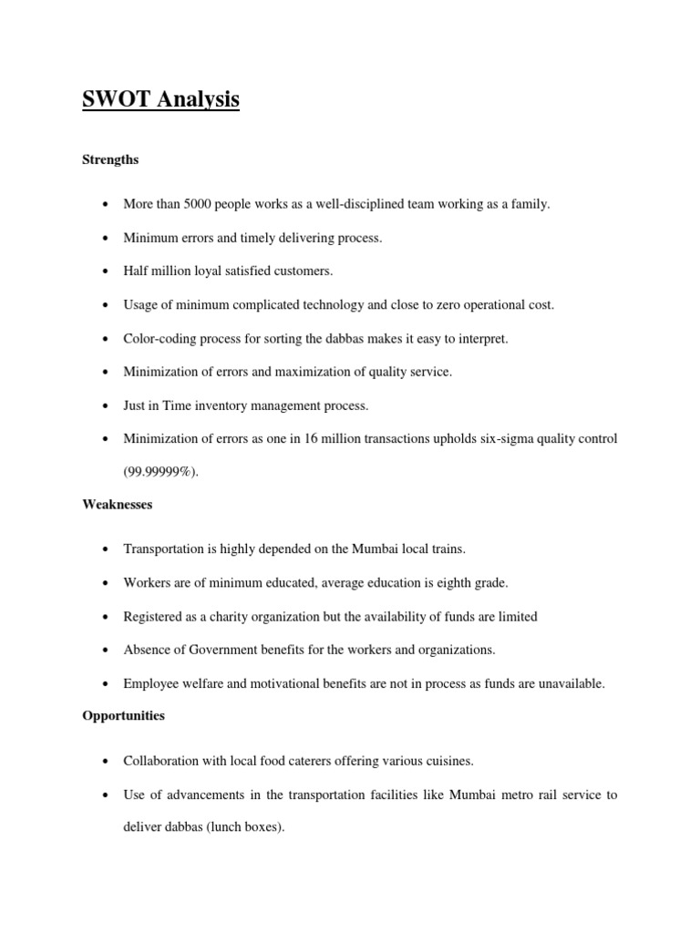 SWOT Analysis of Dabbawala Operations | PDF | Business