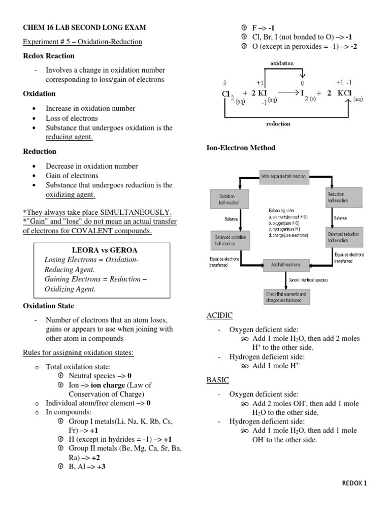 Redox Reaction: Chem 16 Lab Second Long Exam | PDF | Redox | Molecules