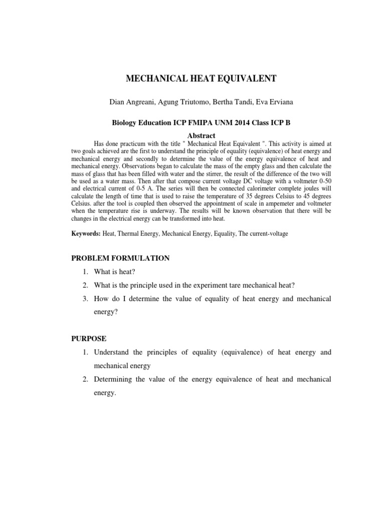 Mechanical Equivalent of Heat Experiment | PDF | Voltage | Heat