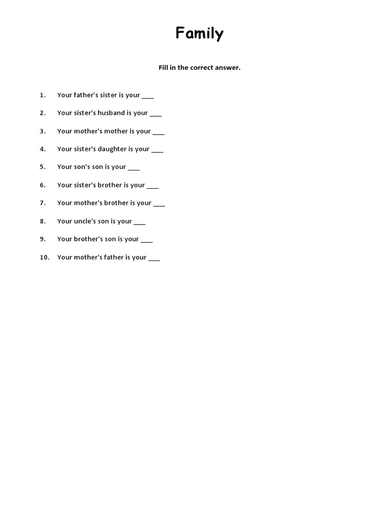 Family: Fill in The Correct Answer | PDF