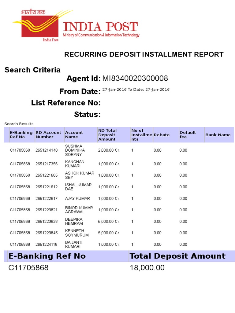 Recurring Deposit Installment Report Summarizing 18,000 in Total ...