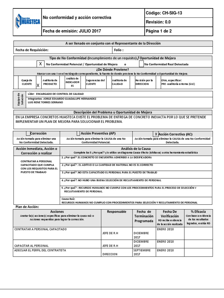 Formato De No Conformidad Y Acción Correctiva Pdf Calidad 6438
