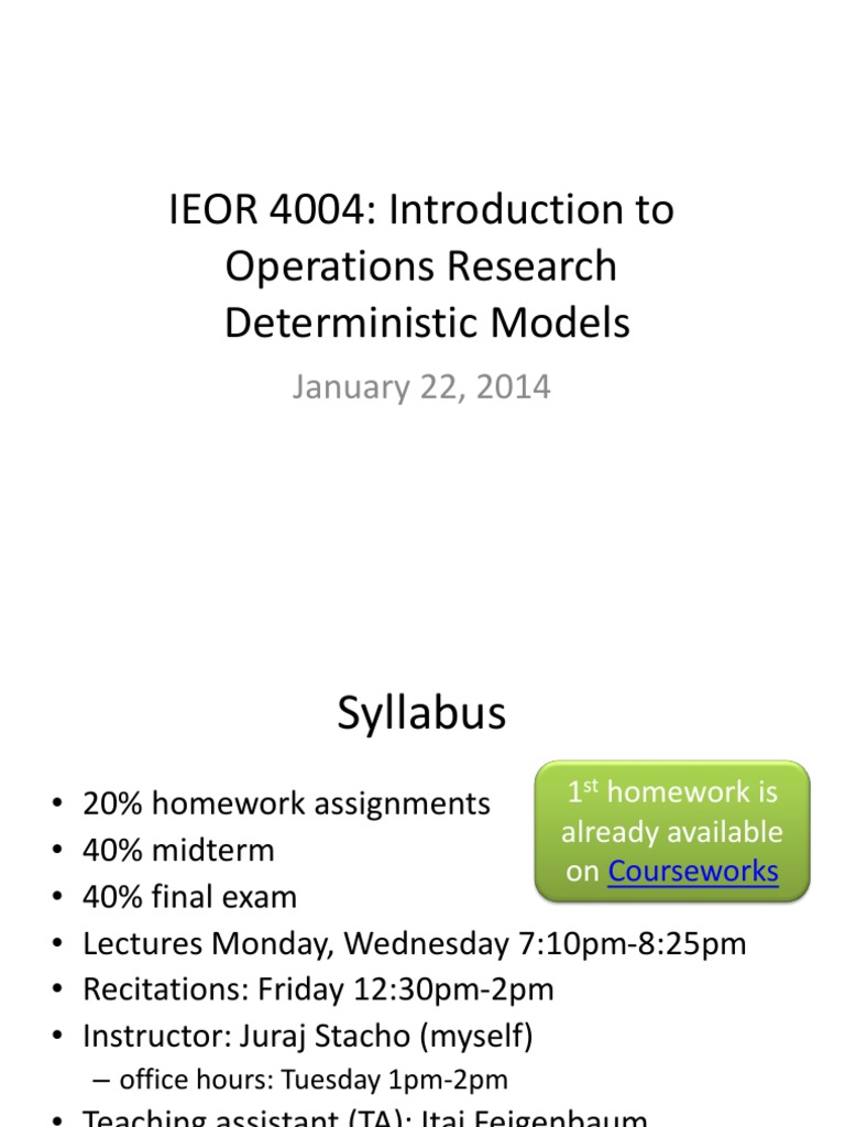 Ieor 4004 Introduction To Operations Research Syllabus And Course Overview Pdf Mathematical 