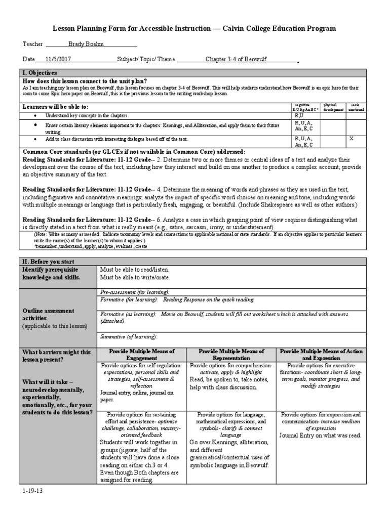 Lesson Plan - Beowulf CH 3-4 | PDF | Lesson Plan | Teachers