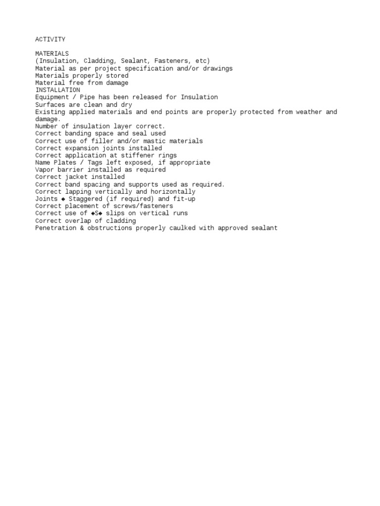 Insulation Inspection Checklist | PDF