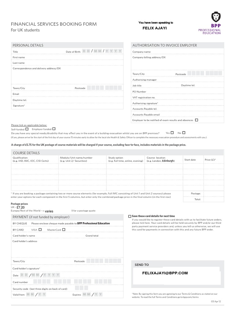 FS Booking Form | PDF | Mail | Accounts Payable