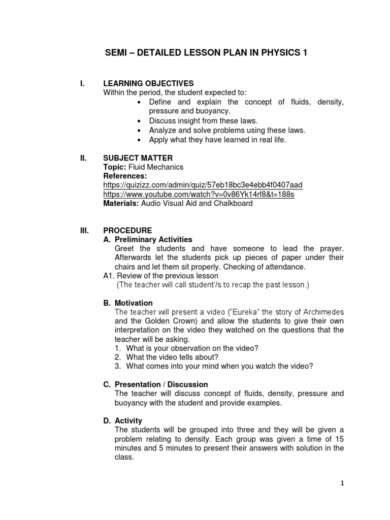 Lesson Plan in Physics | PDF | Density | Lesson Plan
