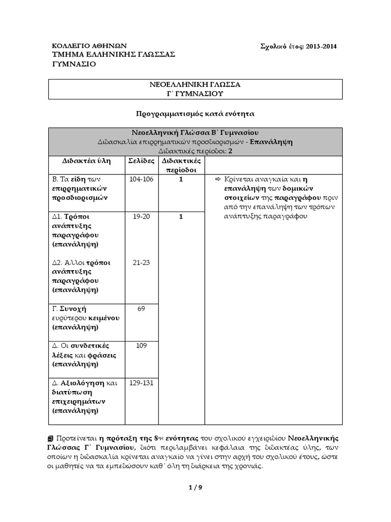 ΓΛΩΣΣΑ Γ΄ ΓΥΜΝΑΣΙΟΥ ΠΡΟΓΡΑΜΜΑΤΙΣΜΟΣ ΥΛΗΣ PDF | PDF